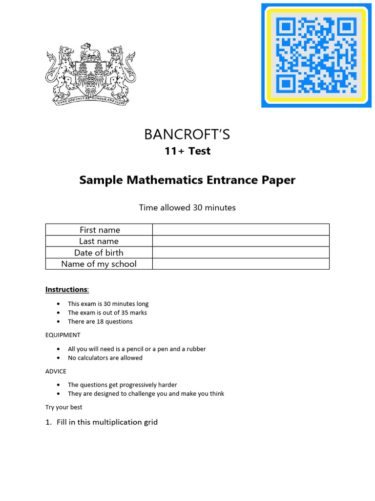 Bancroft 11+ Test Sample Math Paper | PDF | Multiplication | Arithmetic