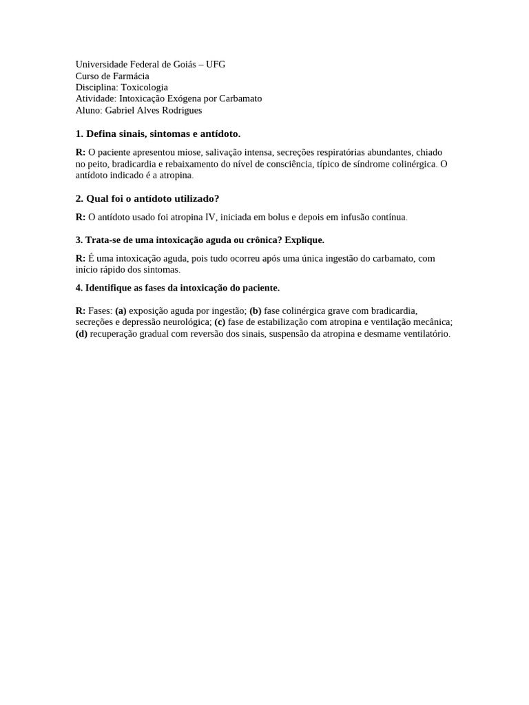 Intoxicação por Carbamato: Sintomas e Antídoto | PDF