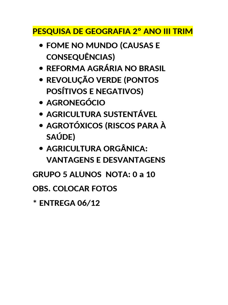 Geografia: Fome, Agricultura e Sustentabilidade | PDF