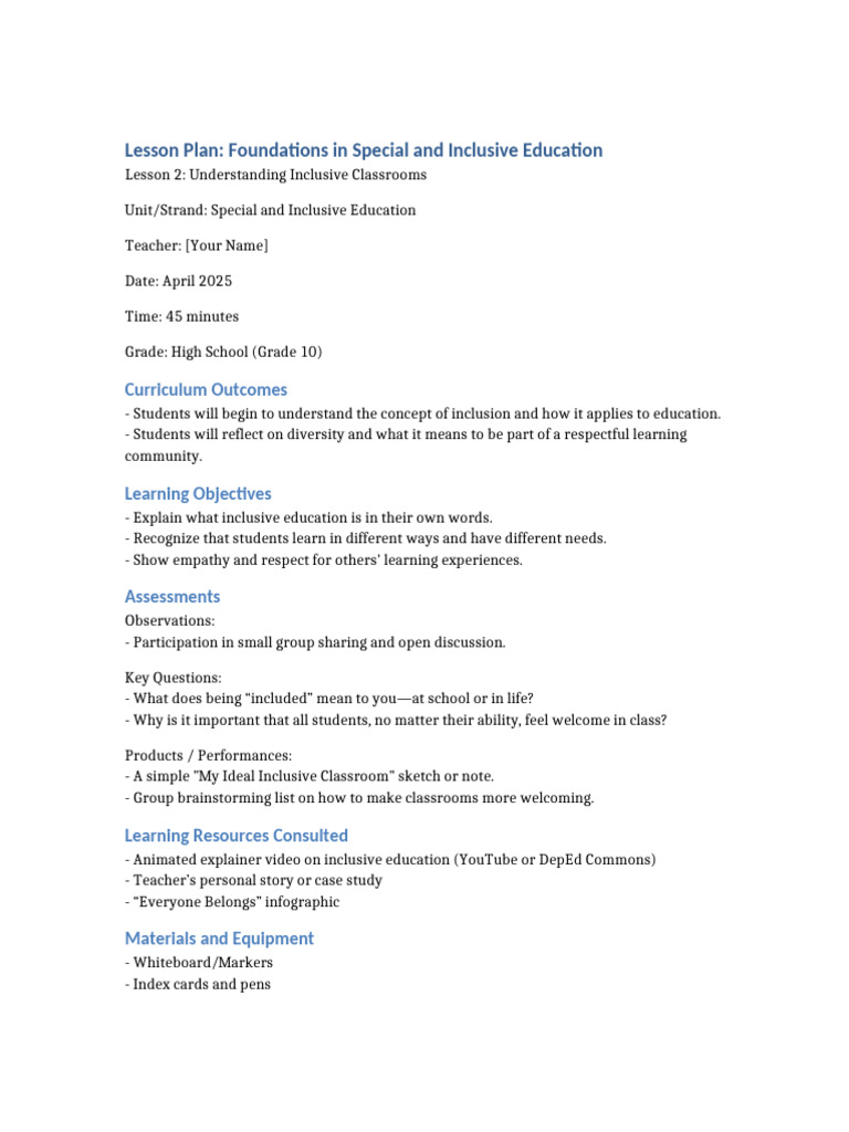 Inclusive Education Lesson Plan for High School | PDF | Inclusion ...