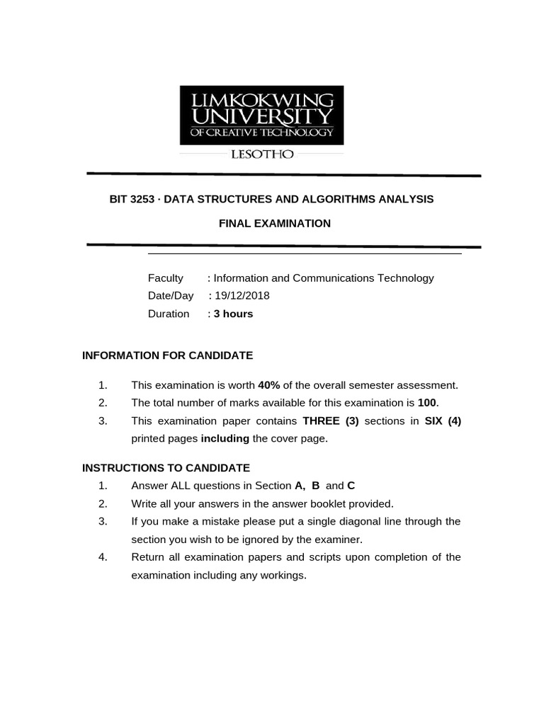 (BIE3253) Data Structures and Algorithms 2018 | PDF | Algorithms And ...
