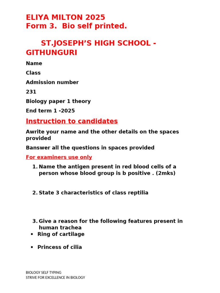 Form 3 Biology Exam Paper 2025 | PDF