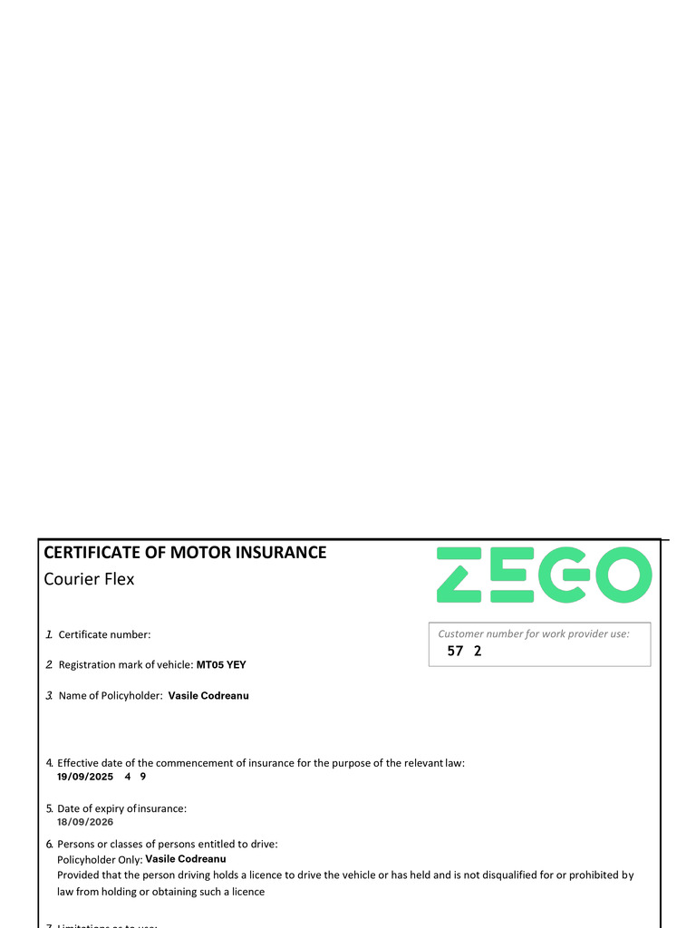 Certificate of Motor Insurance Zego | PDF