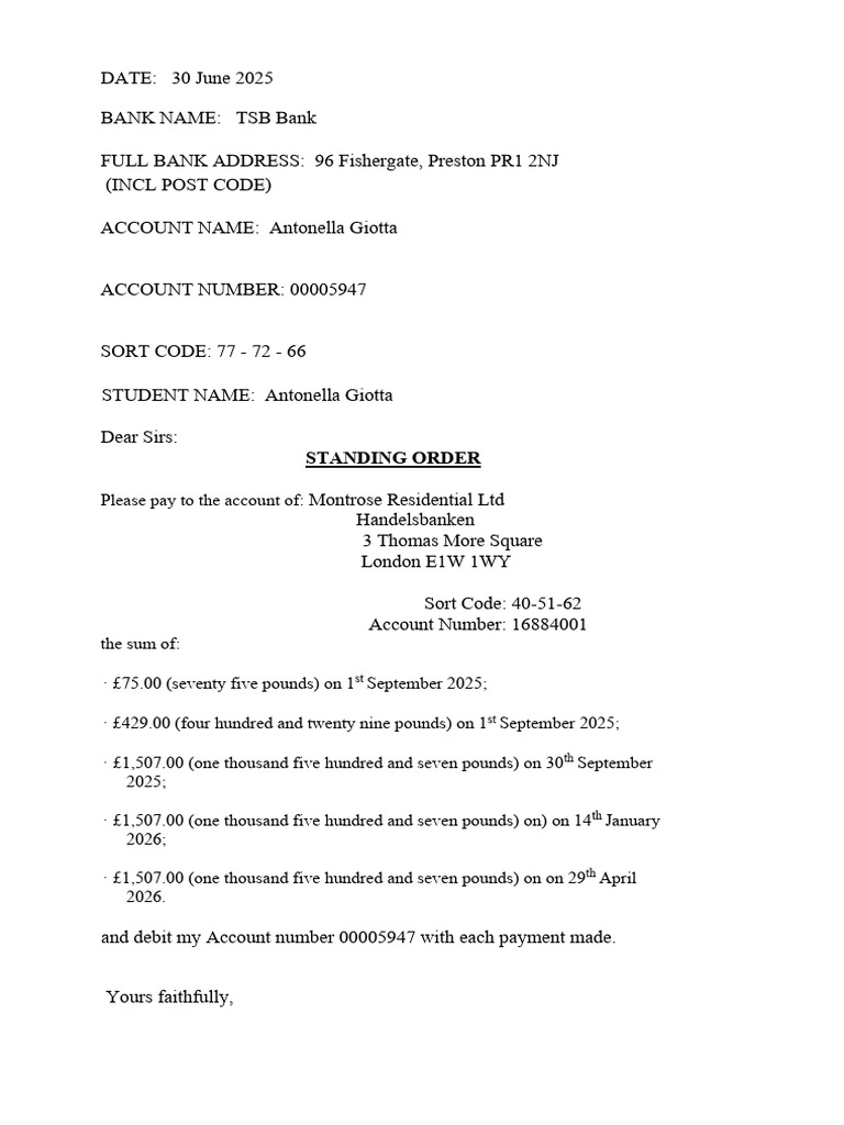 Standing Order Details for Antonella Giotta | PDF