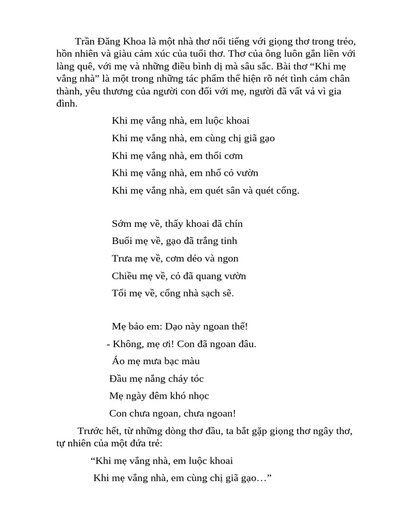 Phân tích bài thơ Khi Mẹ Vắng Nhà của Trần Đăng Khoa | PDF