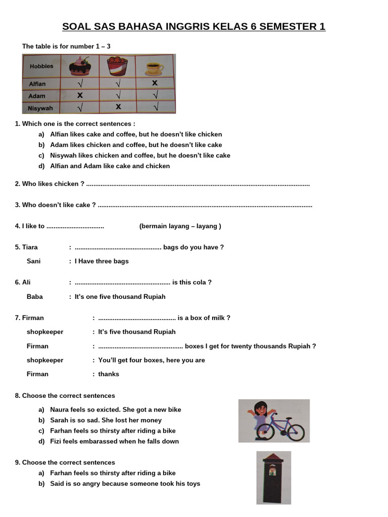 Soal Sas Bahasa Inggris Kelas 6 Semester 1 | PDF | Chess Theory
