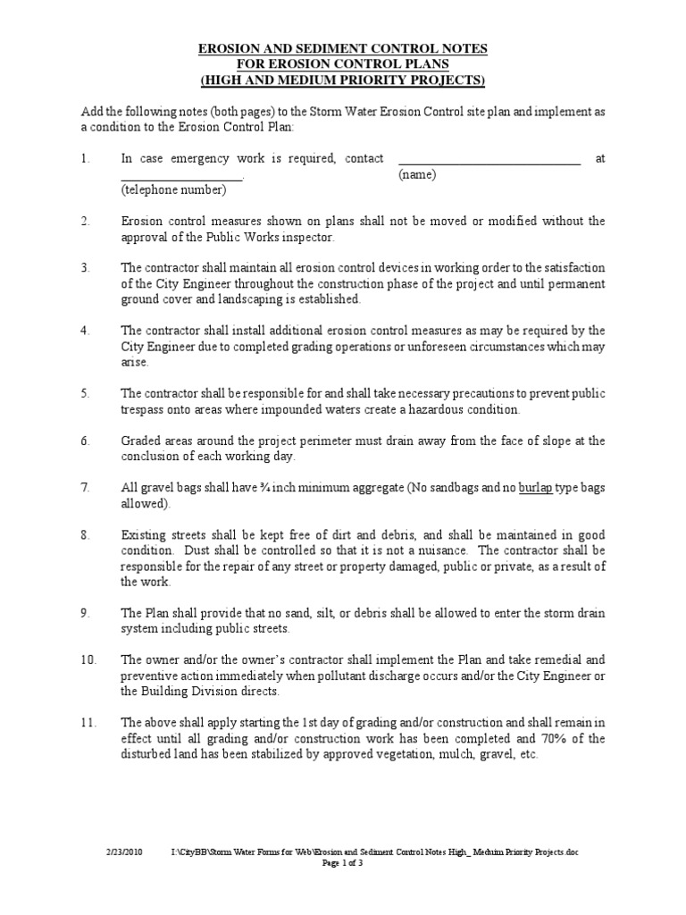 Erosion and Sediment Control Notes High - Med | PDF | Erosion | Stormwater