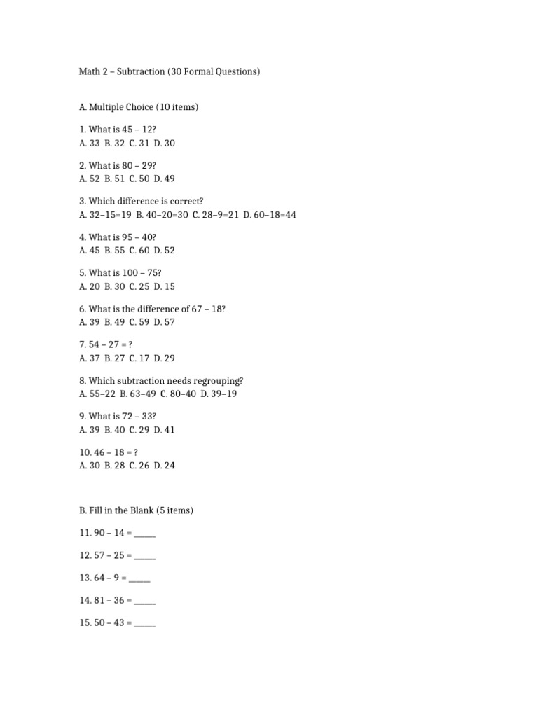 Subtraction Practice: 30 Questions | PDF