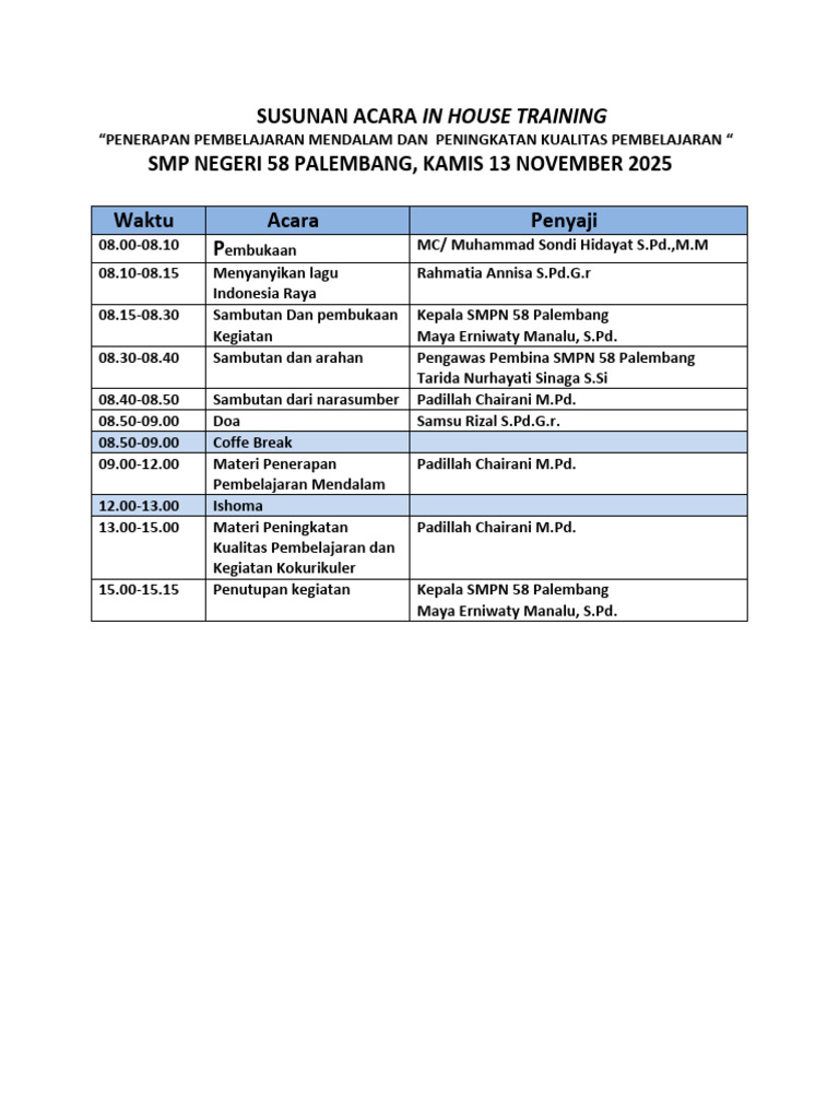 Susunan Acara in House Training | PDF
