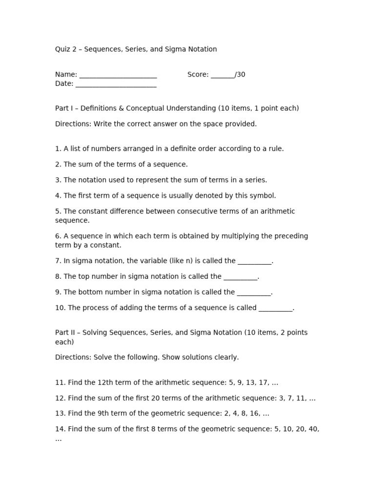 Sequences and Series Quiz 2 | PDF