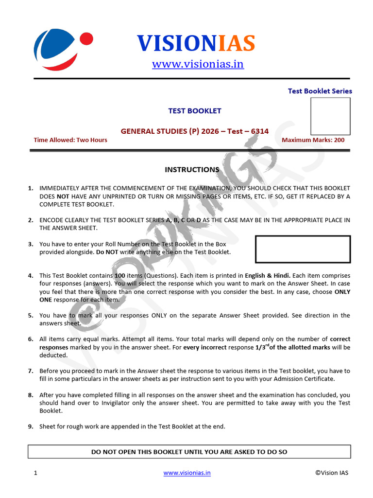 General Studies Test Booklet 2026 | PDF