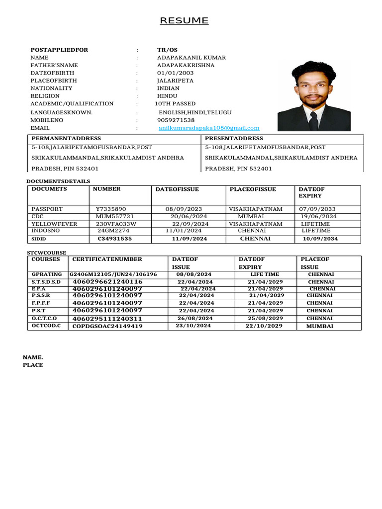 TR Os Anil Kumar CV | PDF