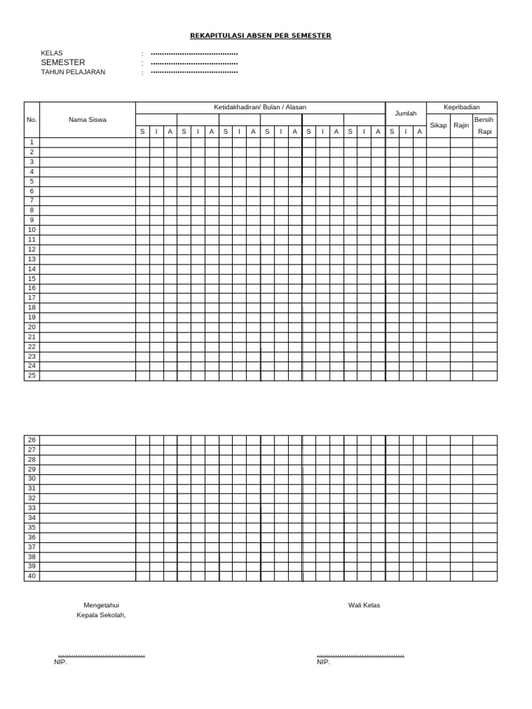 Rekap Absen Siswa Per Semester | PDF