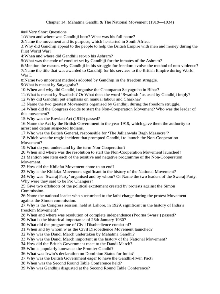 Chapter 14 QA | PDF | Mahatma Gandhi | Resistance To The British Empire