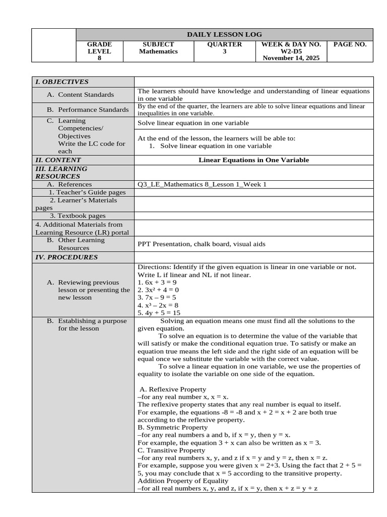MATH 8 DLP - Q3-W2-DAY 5 | PDF | Equations | Variable (Mathematics)