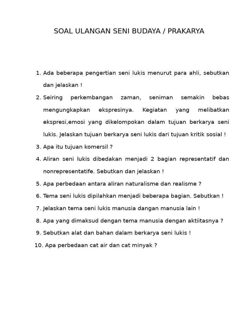 Soal Ulangan Seni Budaya Prakarya | PDF