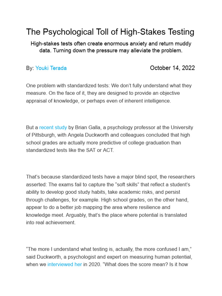 The Psychological Toll of High-Stakes Testing | PDF | Sat | Anxiety