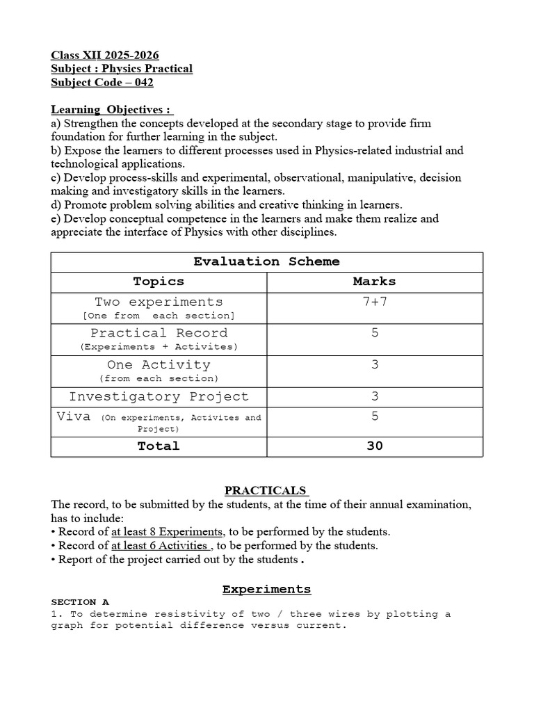 Class XI Physics Practical Guide 2025-26 | PDF | Inductor | Transformer
