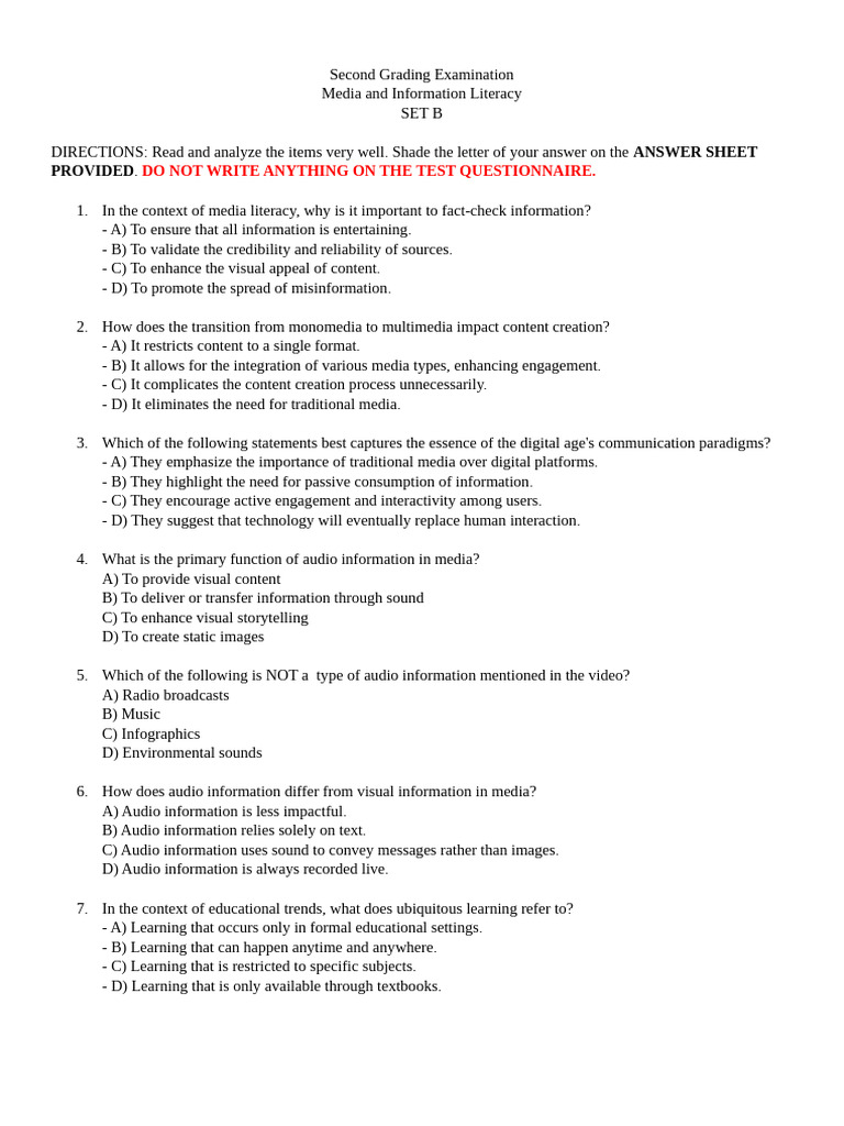 2024 Media and Information Literacy Second Quarter Exam Set B | PDF ...