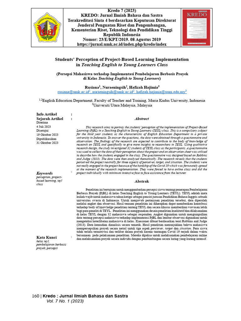 Students' Perception of PjBL in TEYL Class | PDF | Learning | Project ...