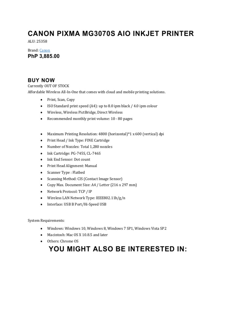Canon Pixma MG3070S AIO Inkjet Printer | PDF