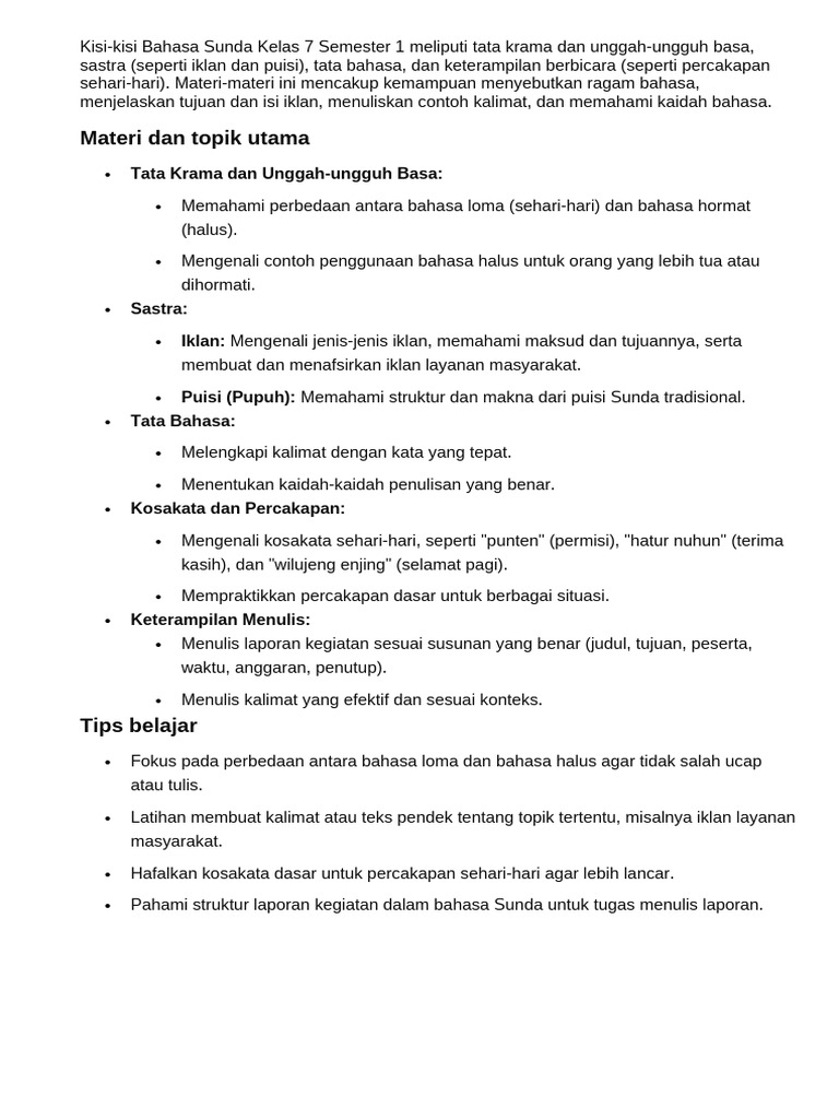 KISI KISI BAHASA SUNDA KELAS 7 | PDF