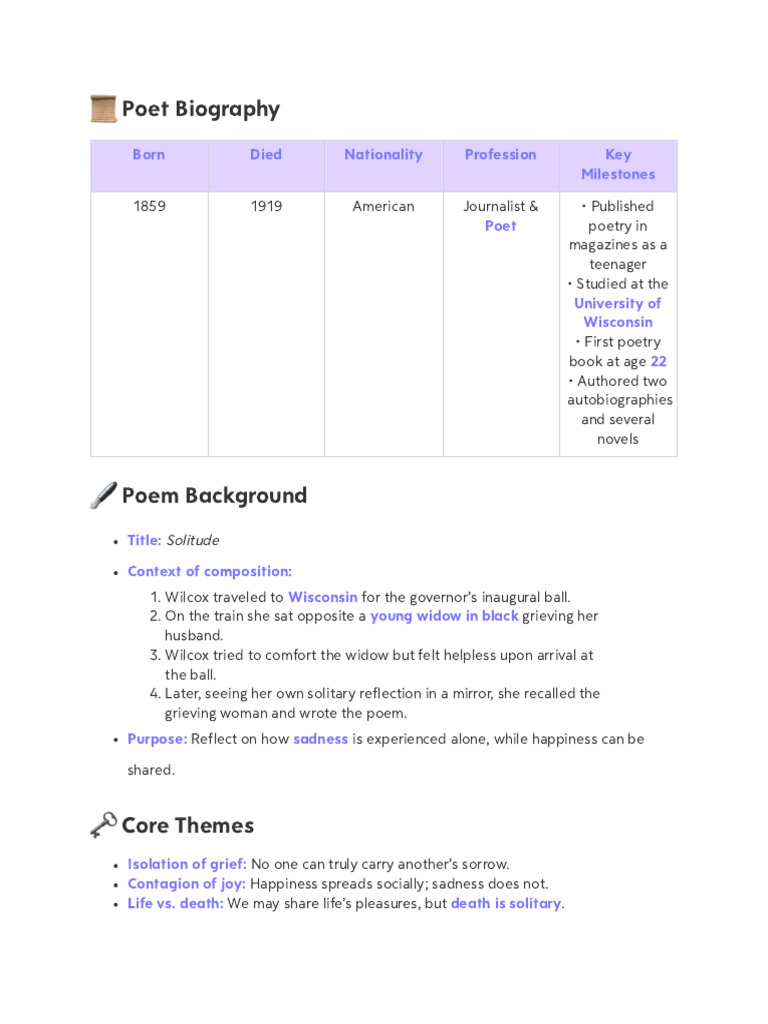 Grade 12 Poetry - 'Solitude' by Ella Wheeler Wilcox | PDF | Psychology ...