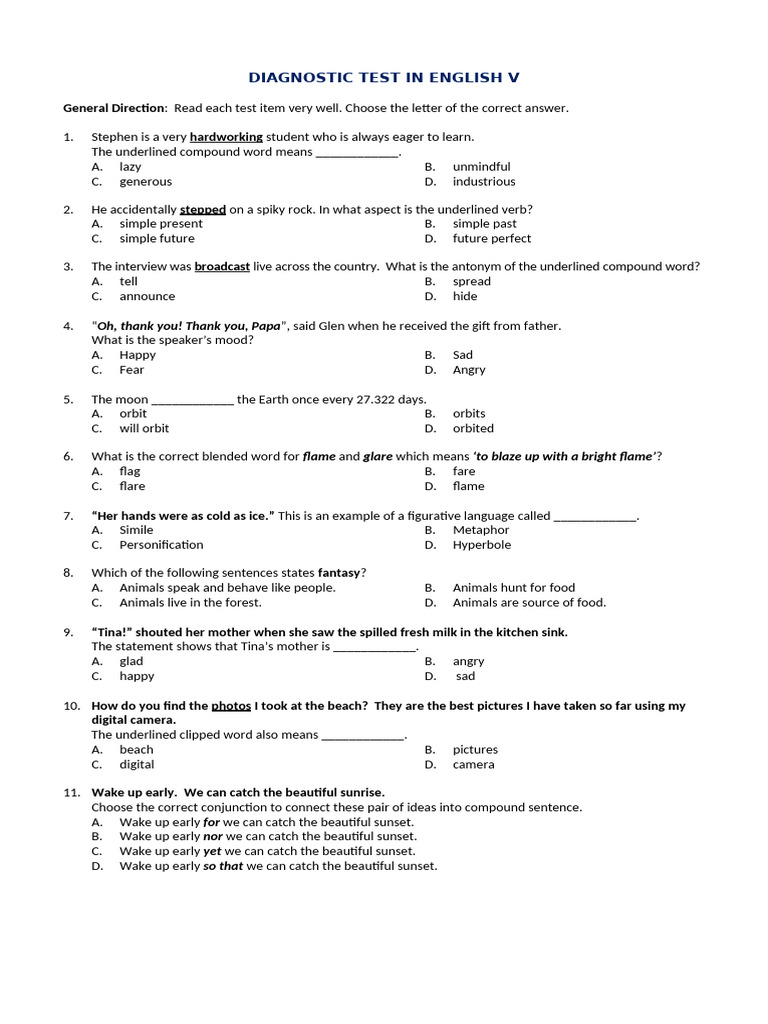 DIAGNOSTIC TEST_ENGLISH 5 | PDF | Atmosphere | Planets