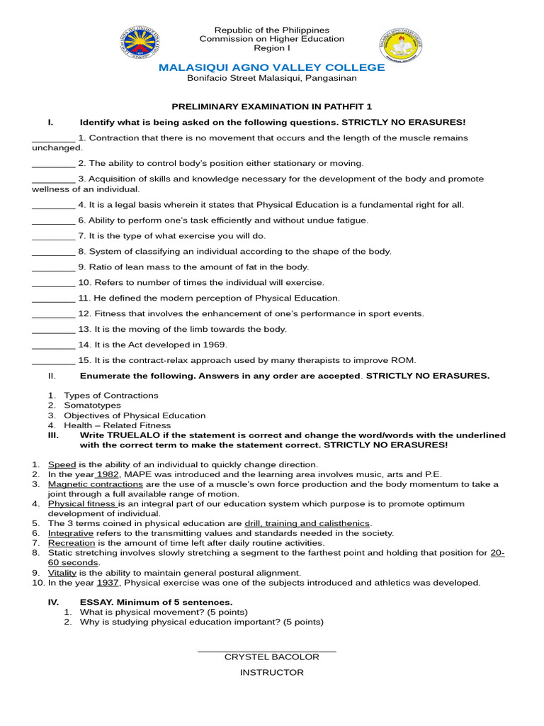 Pathfit 1 Preliminary Exam Guide | PDF | Physical Education