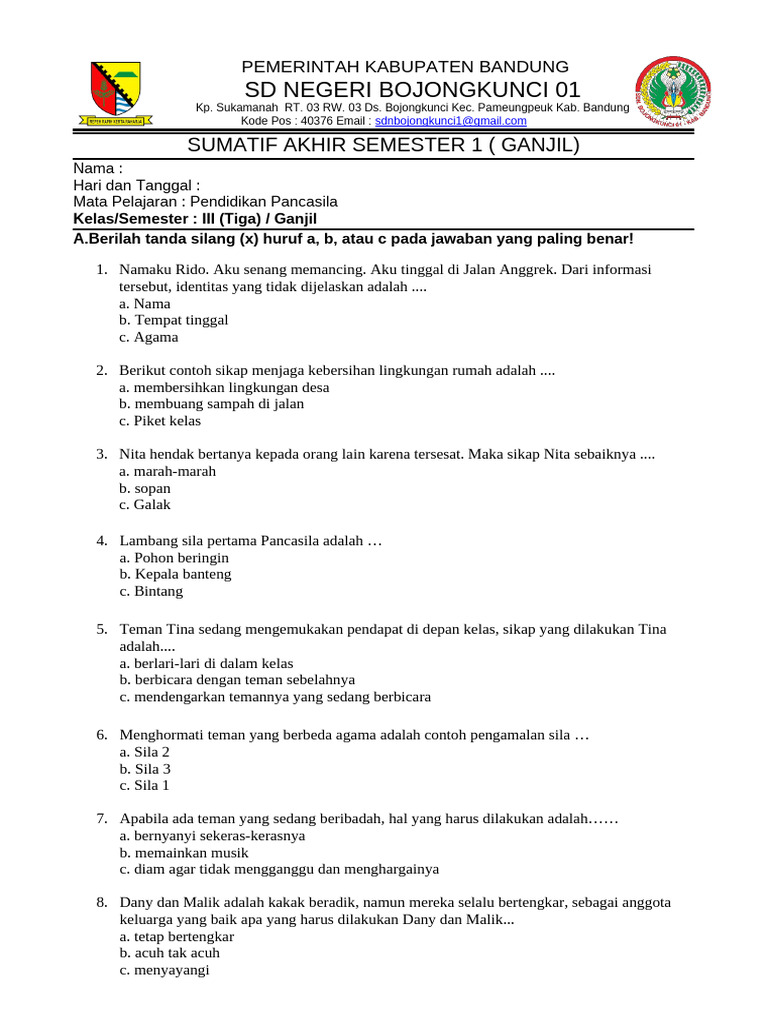 Soal ASAS 1 Kelas III - Pend Pancasila | PDF