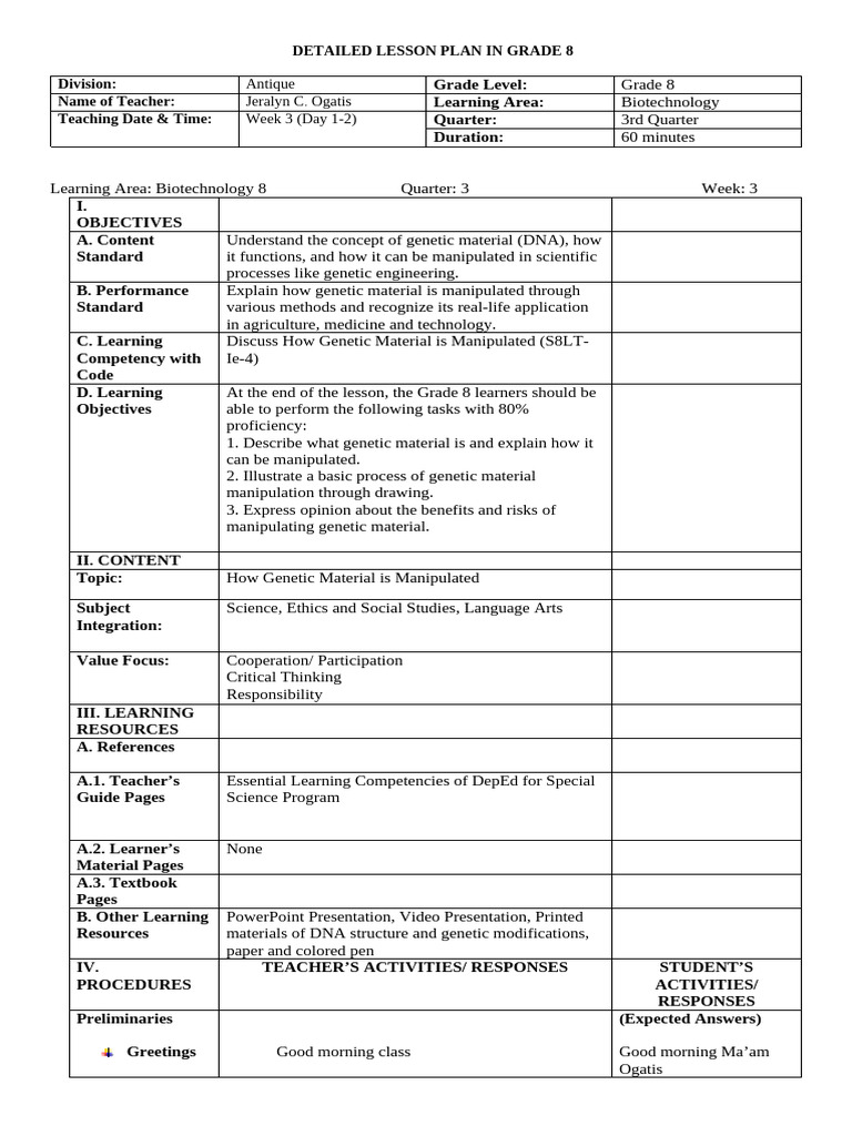 4th Lesson Plan (No Correction) | PDF | Genetically Modified Organism ...