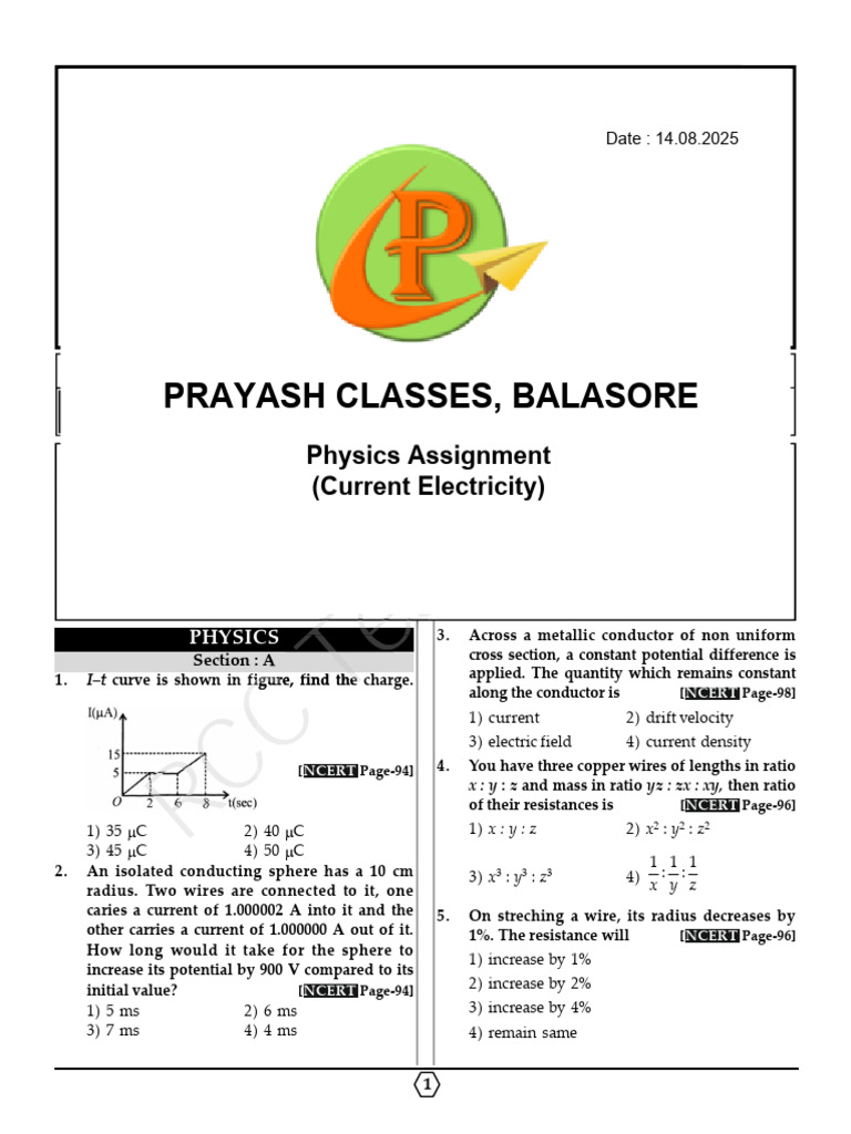Physcs Assignment Current Electricity 14.08.2025 | PDF | Electric ...