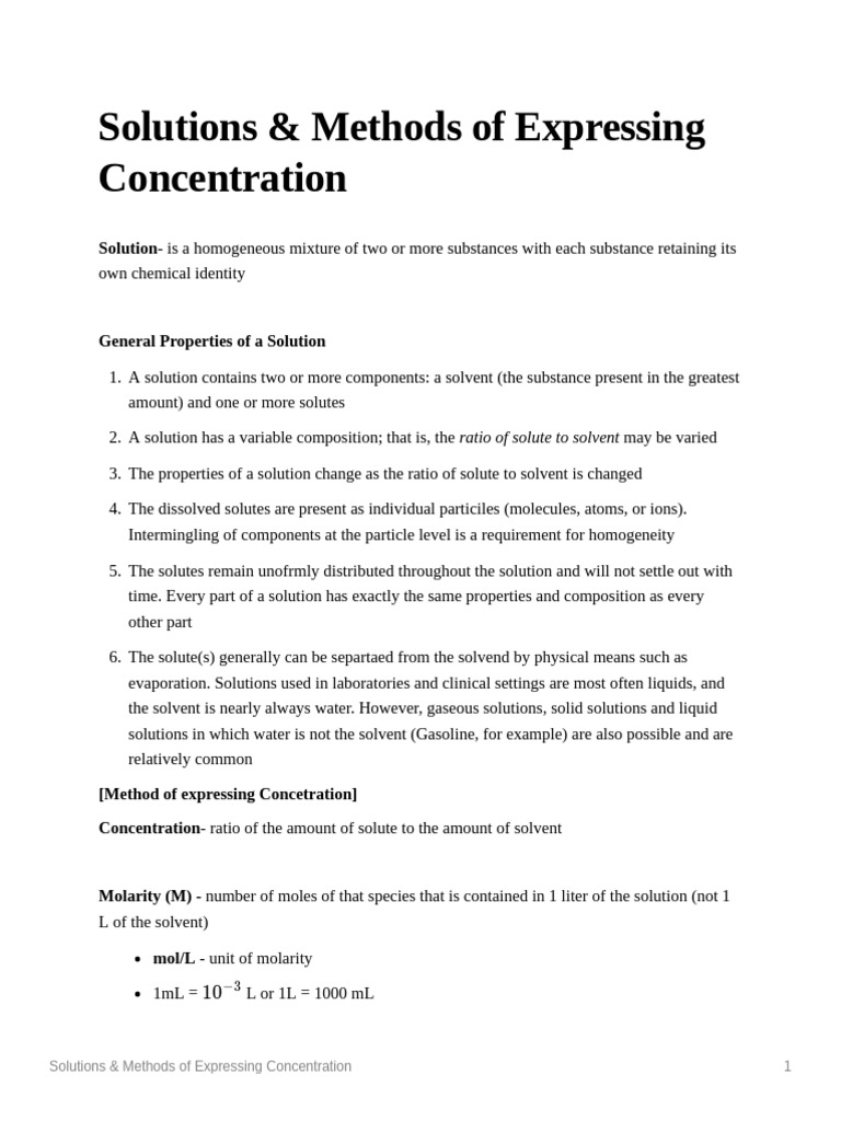 Solutions Methods of Expressing Concentration | PDF | Mole (Unit ...