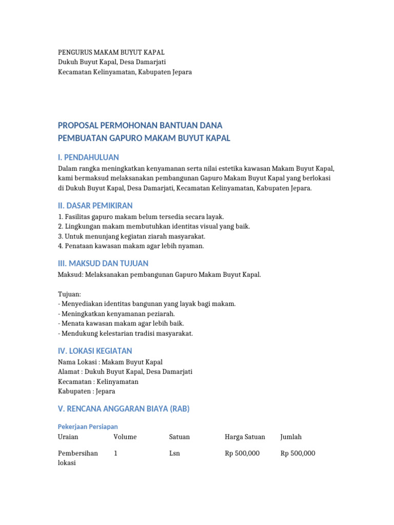 Proposal Gapuro Makam Buyut Kapal | PDF
