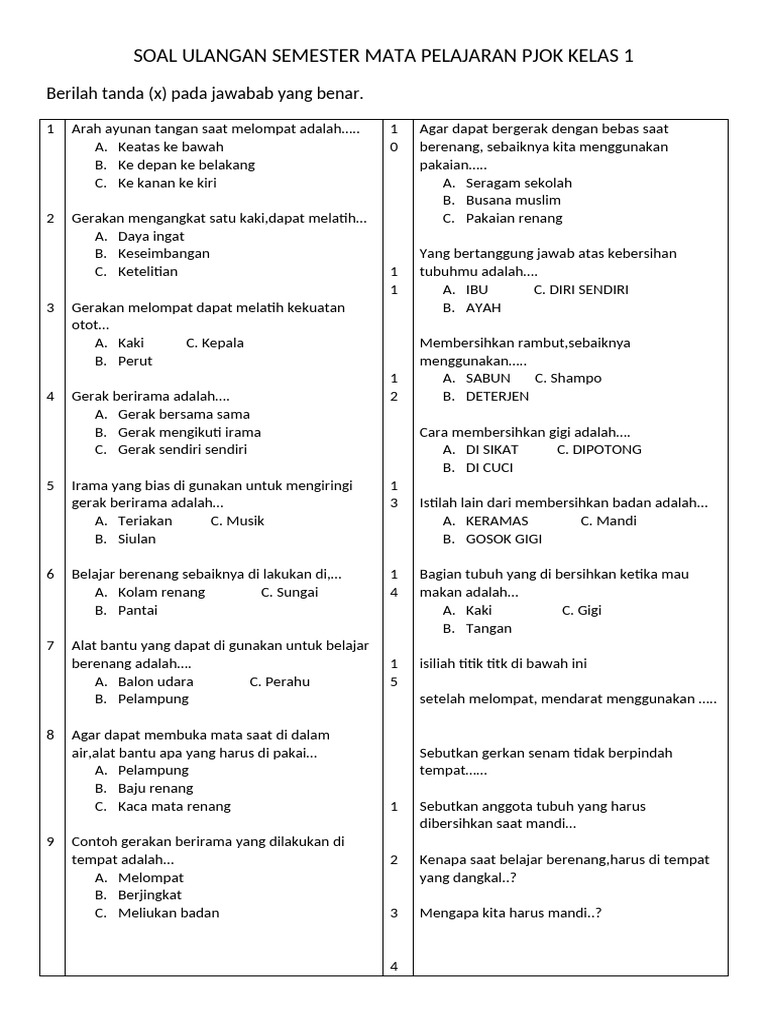 Soal Ulangan PJOK Kelas 1-6 | PDF