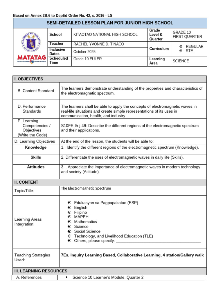 7e Jhs LP Template Semi Detailed 1 | PDF | Electromagnetic Spectrum | Light