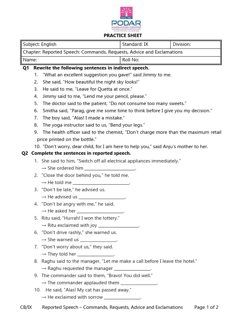 PS - CB - IX - Eng - Reported Speech-Commands, Requests, Advice ...