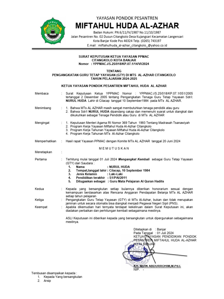Pengangkatan Guru Tetap MTs Al-Azhar 2024-2026 | PDF