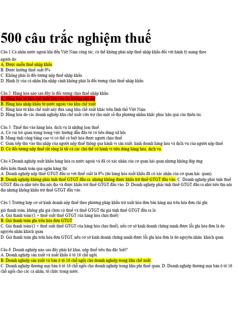 500 Cau Hoi Trac Nghiem Ve Thue Co Dap an 1288 | PDF