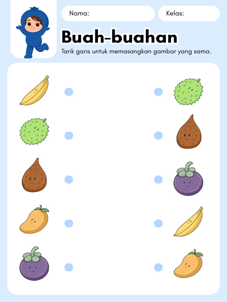 Lembar Kerja Hubungkan Gambar Buah Yang Sama Dalam Gaya Ilustratif Biru ...