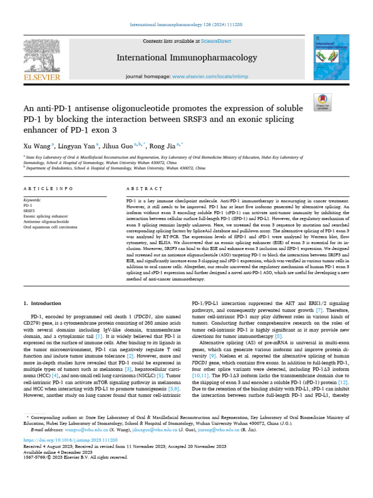 International Immunopharmacology: Xu Wang, Lingyan Yan, Jihua Guo, Rong ...