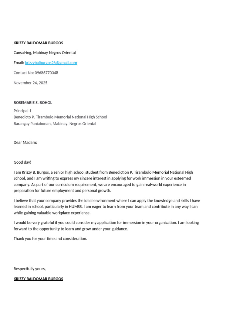Work Immersion Application Letter | PDF