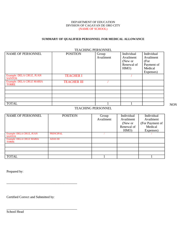 Medical Allowance Personnel Summary | PDF