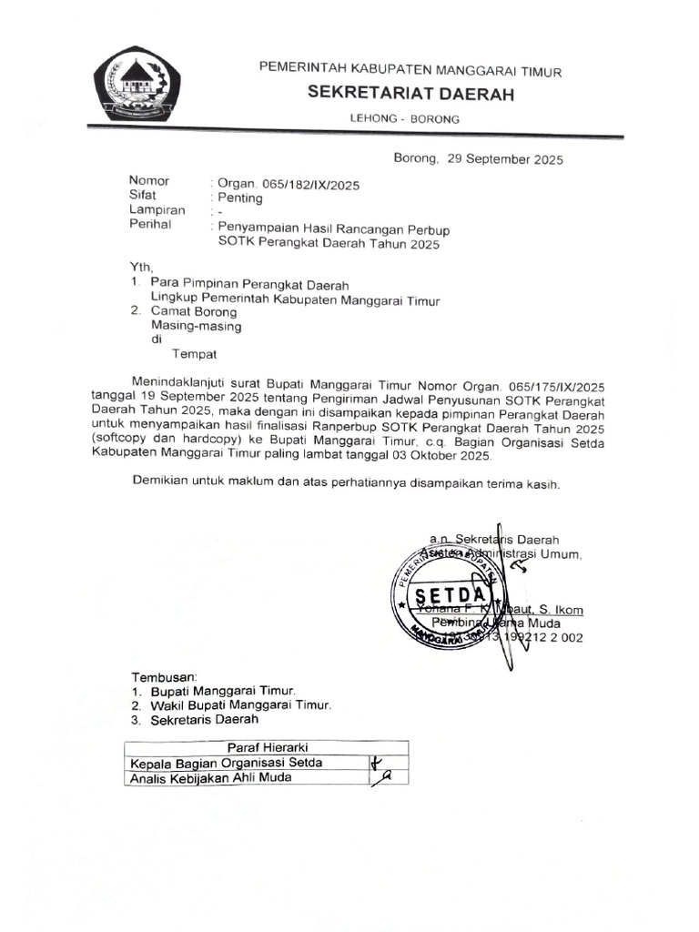 Penyampaian Hasil Rancangan Perbup SOTK Perangkat Daerah Tahun 2025 | PDF