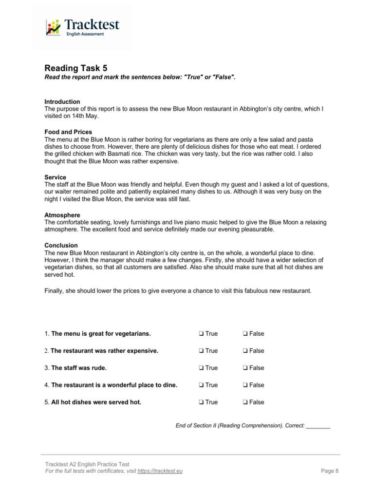 A2 English Test With Answers.1 | PDF