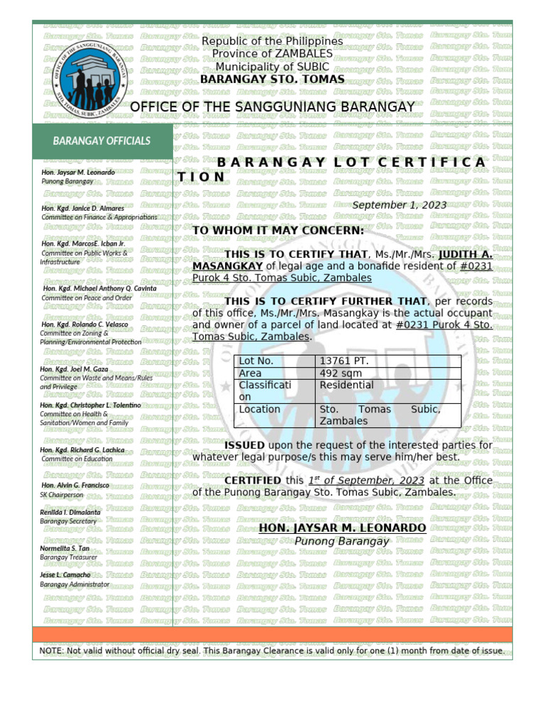 Barangay Lot Certification | PDF