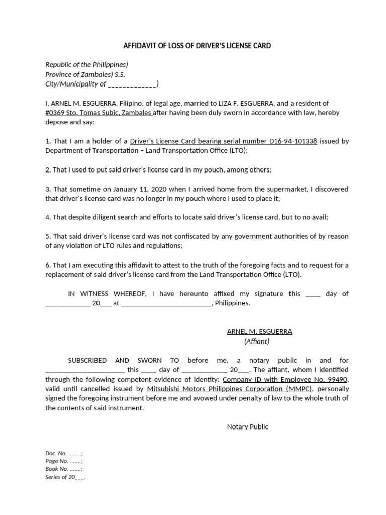 Affidavit of Loss of Drivers License | PDF