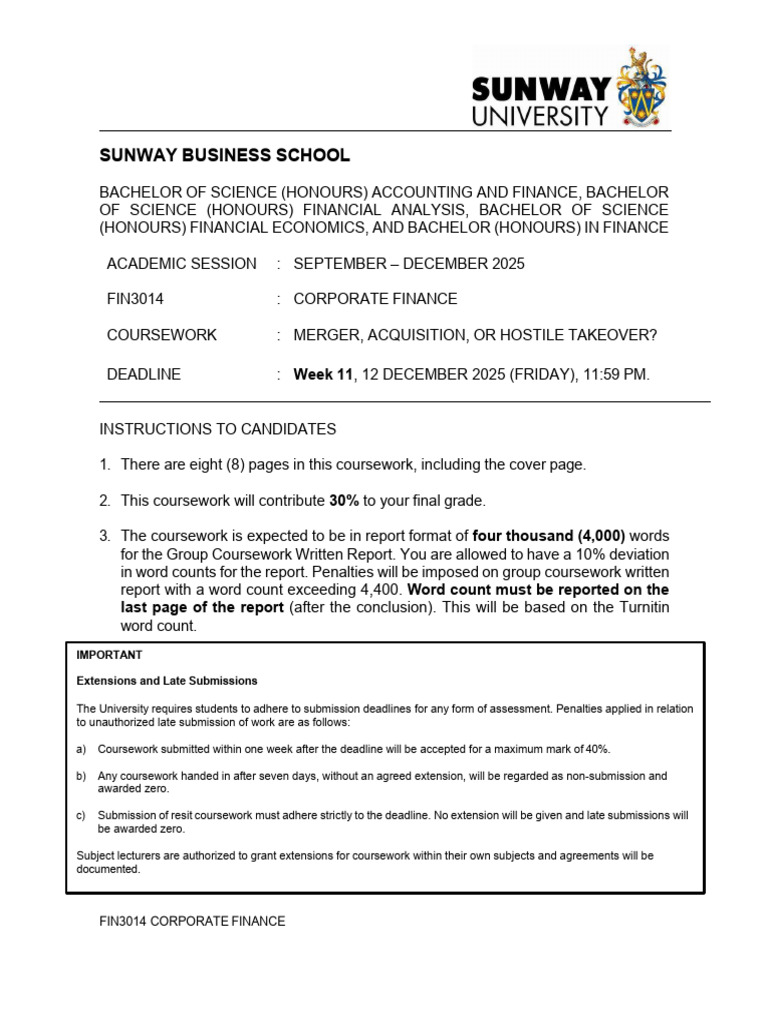 FIN3014 - Coursework - Group Assignment - Sep 2025 | PDF | Mergers And Acquisitions | Takeover