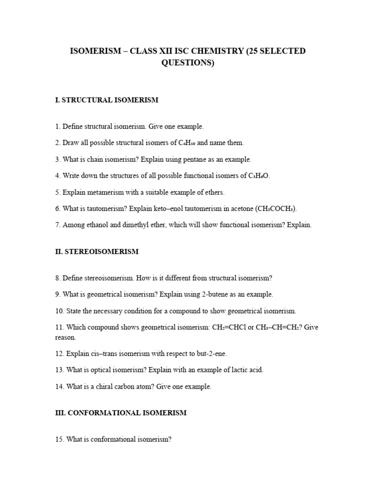 Isomerism_Class_XII_ISC_25_Questions | PDF | Isomer | Organic Chemistry