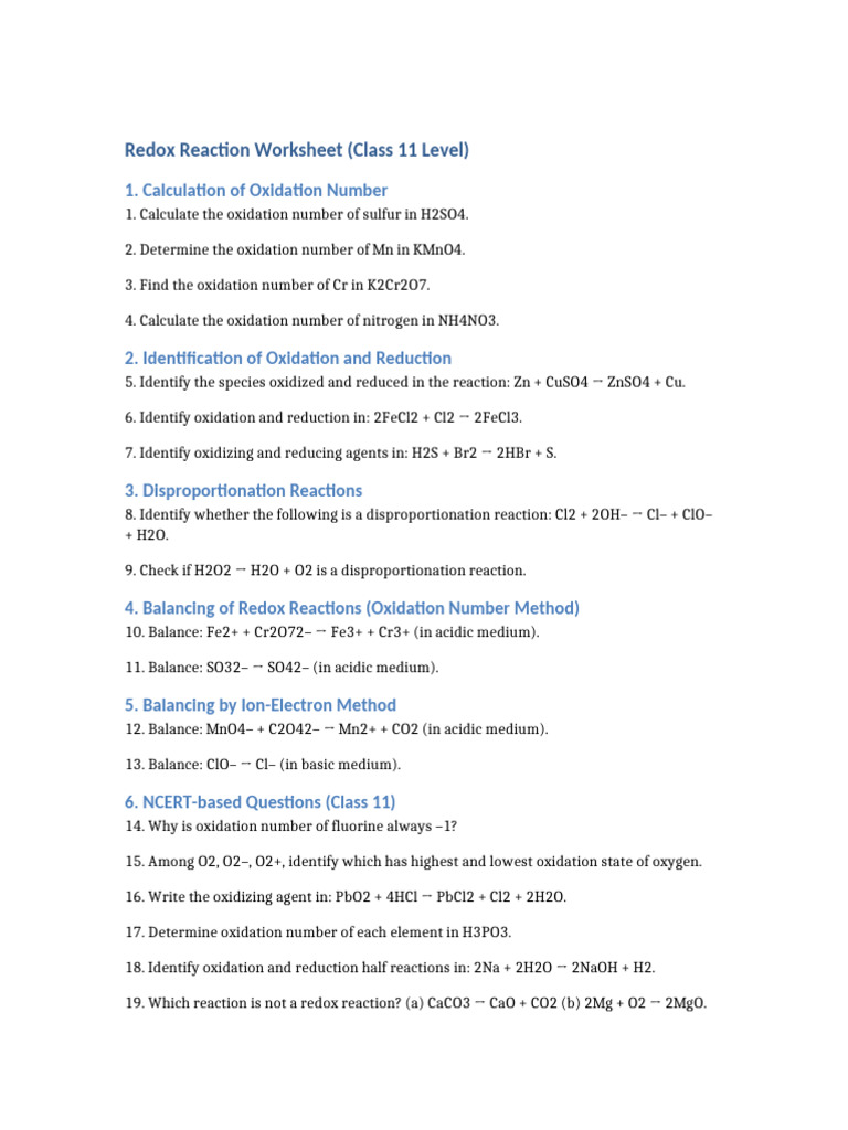 Class 11 Redox Reaction Worksheet | PDF